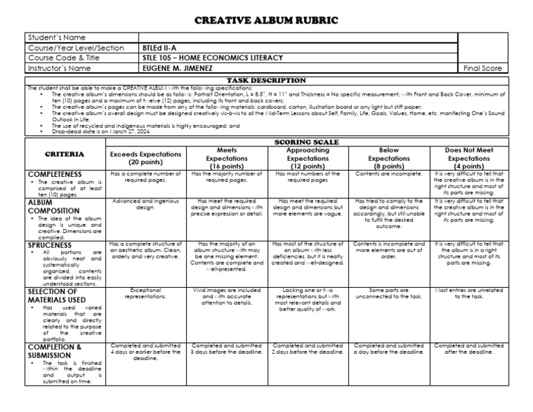 RUBRIC For CREATIVE ALBUM - STLE 105 | PDF