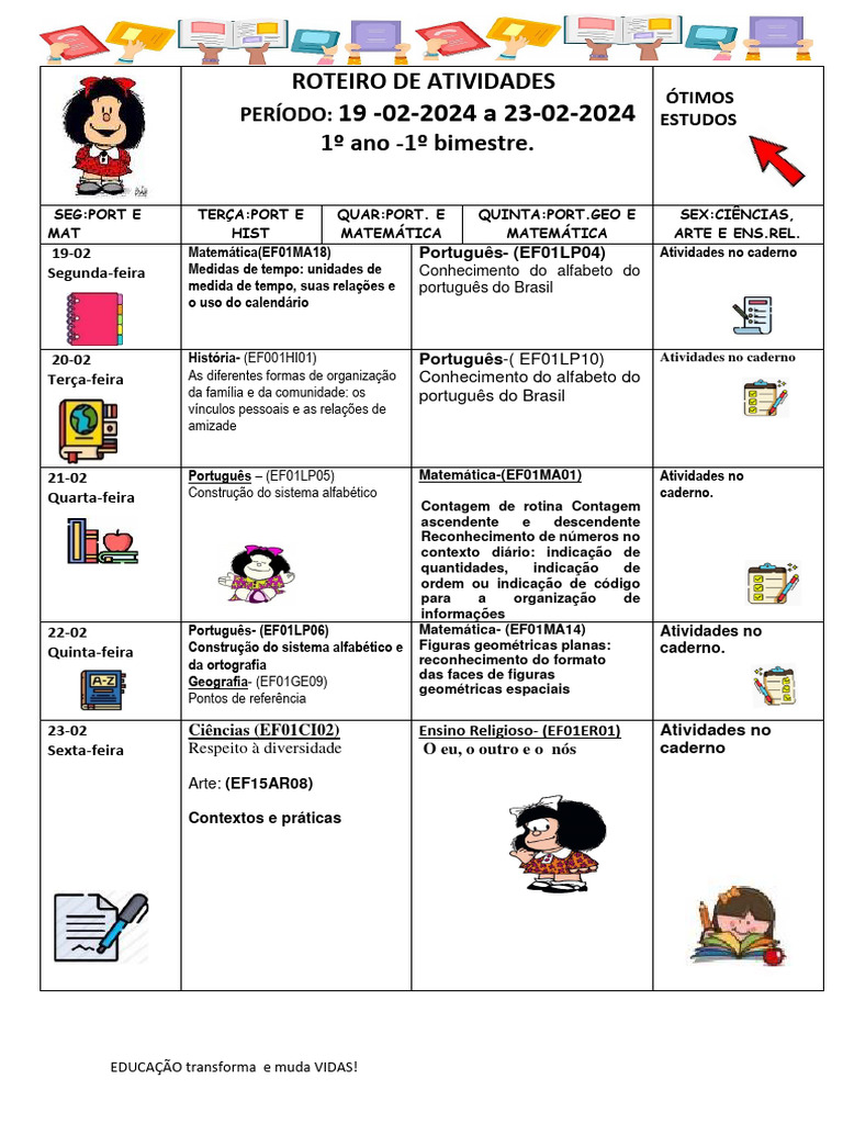 1º ANO - ROTEIRO SEMANAL - 19 A 23-02-2024 - MARCYA FILIZOLA | PDF ...