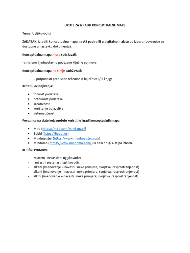 UPUTE ZA IZRADU Konceptualne MAPE_ugljikovodici | PDF