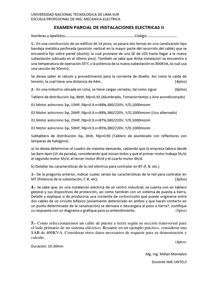 EXAMEN PARCIAL DE INSTA 2 | PDF | Motores | Ingenieria Eléctrica