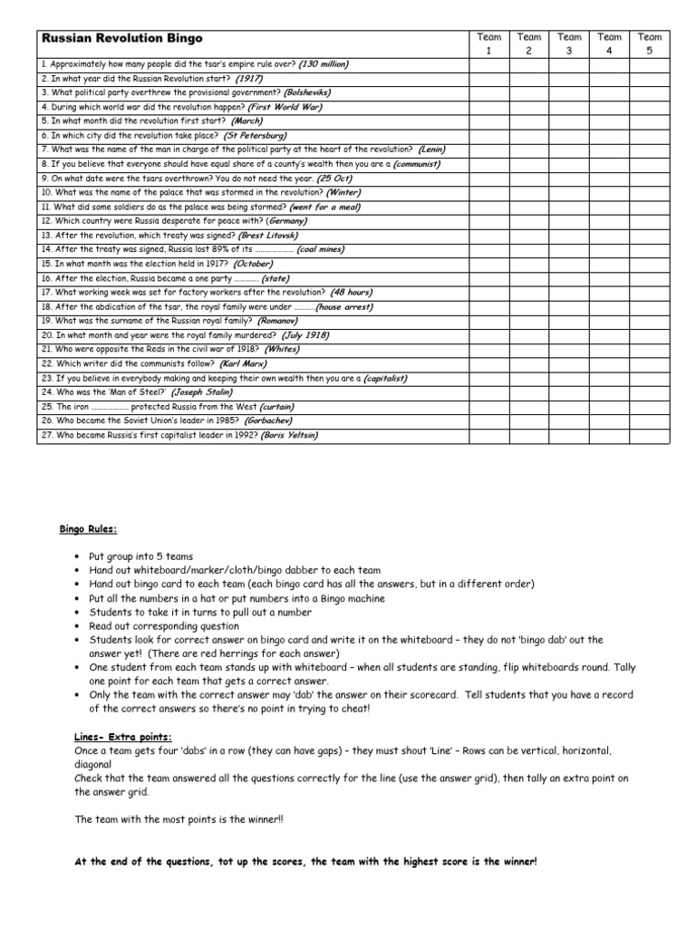 Russian Revolution Bingo Questions and Answer Grid | PDF | Russian ...