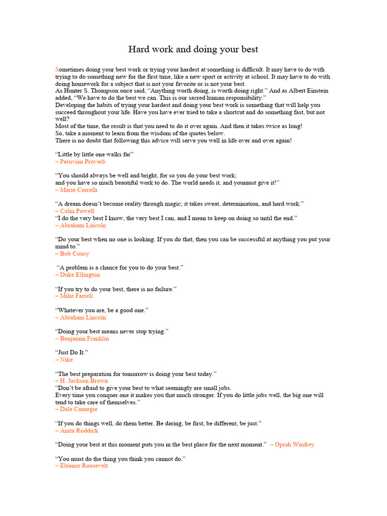 Hard Work and Doing Your Best | PDF | Philosophy | Religion & Spirituality