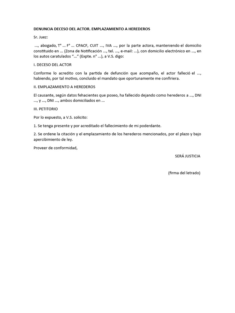 Denuncia Deceso Del Actor. Emplazamiento A Herederos | PDF