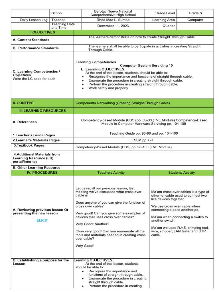 Sample Lesson Plan | PDF | Electrical Connector | Wire