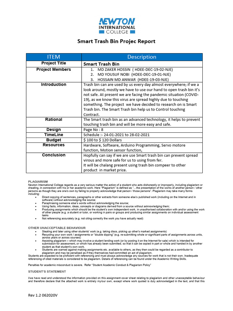 Smart Trash Bin Project Report | PDF | Plagiarism | Computing