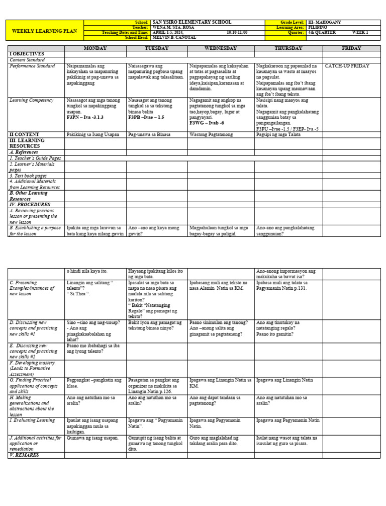 Grade 3 MAHOGANY - 3 - FILIPINO - Q4 - W1 | PDF