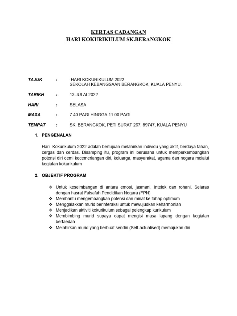 Kertas Kerja Hari Kokurikulum Sekolah | PDF Kertas Kerja Hari Kokurikulum Sekolah | PDF