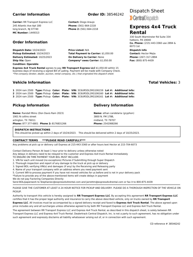 Vehicle Dispatch Instructions | PDF | Factoring (Finance) | Business