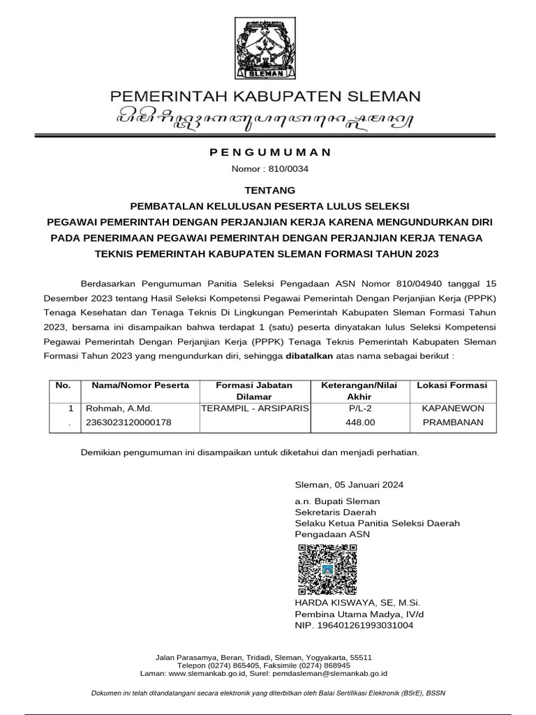 Pembatalan Kelulusan PPPK Sleman | PDF