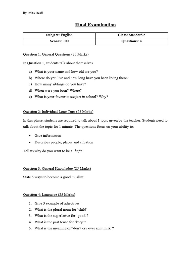 Standard 6 English Exam | PDF