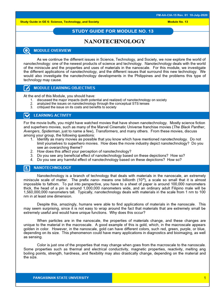 Study Guide 13 2023 | PDF | Nanomaterials | Nanotechnology