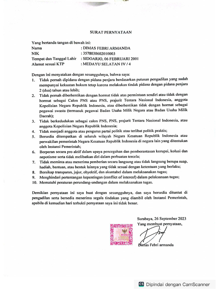 Surat Pernyataan Instansi - Dimas Febri Armanda | PDF