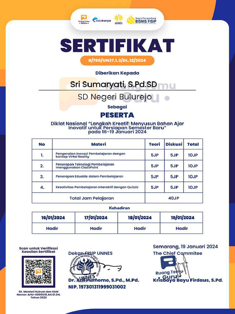 Sertifikat Diklat Sri Sumaryati 6 | PDF
