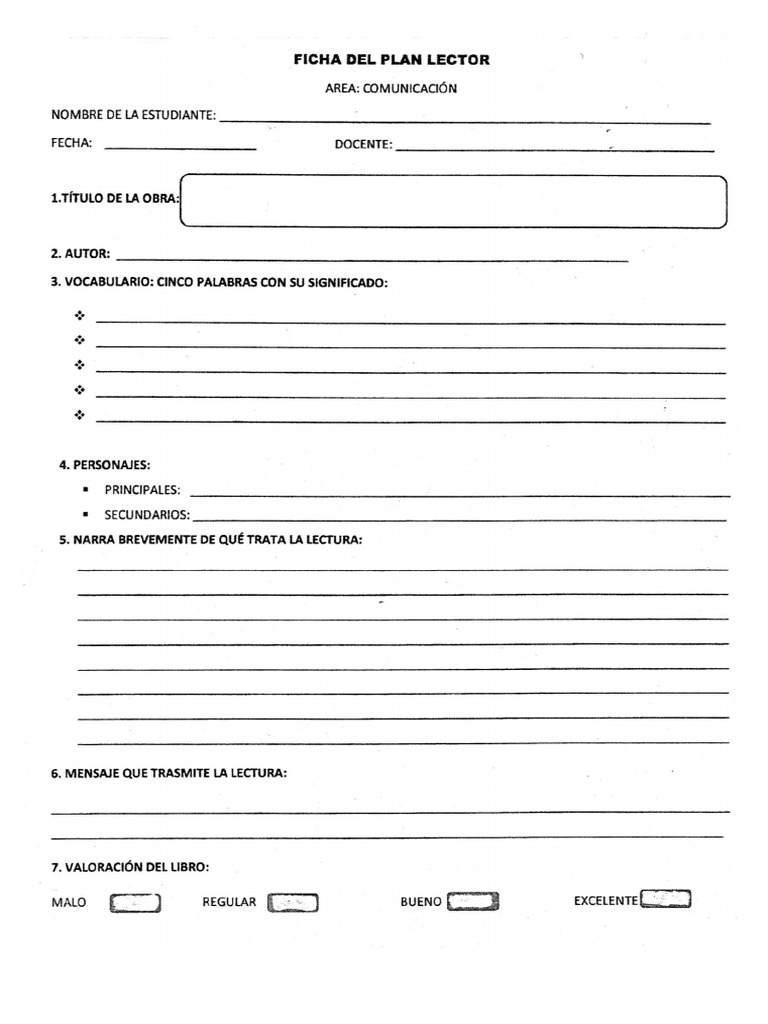 Ficha de Comprension Del Plan Lector | PDF