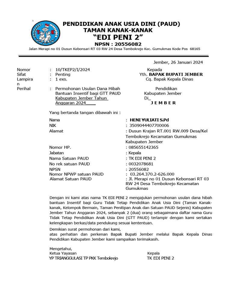 Usulan Hibah Insentif GTT PAUD TA 2023-.Docx 2 | PDF