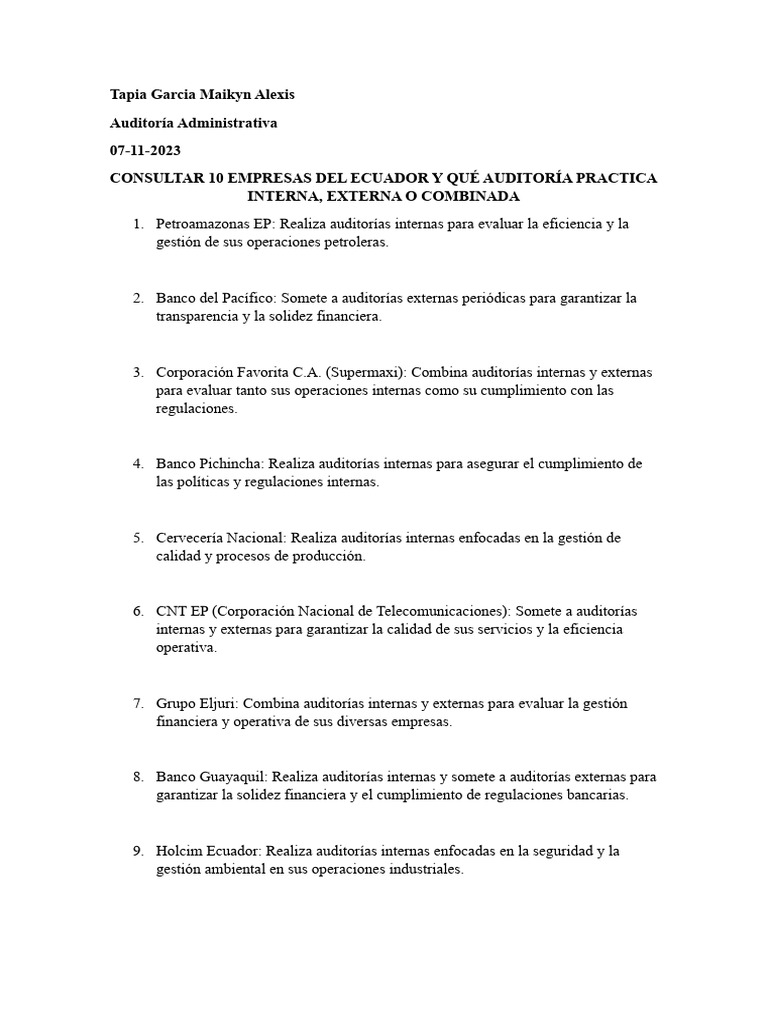10 Empresas Del Ecuador y Qué Auditoría Practica Interna, Externa o ...