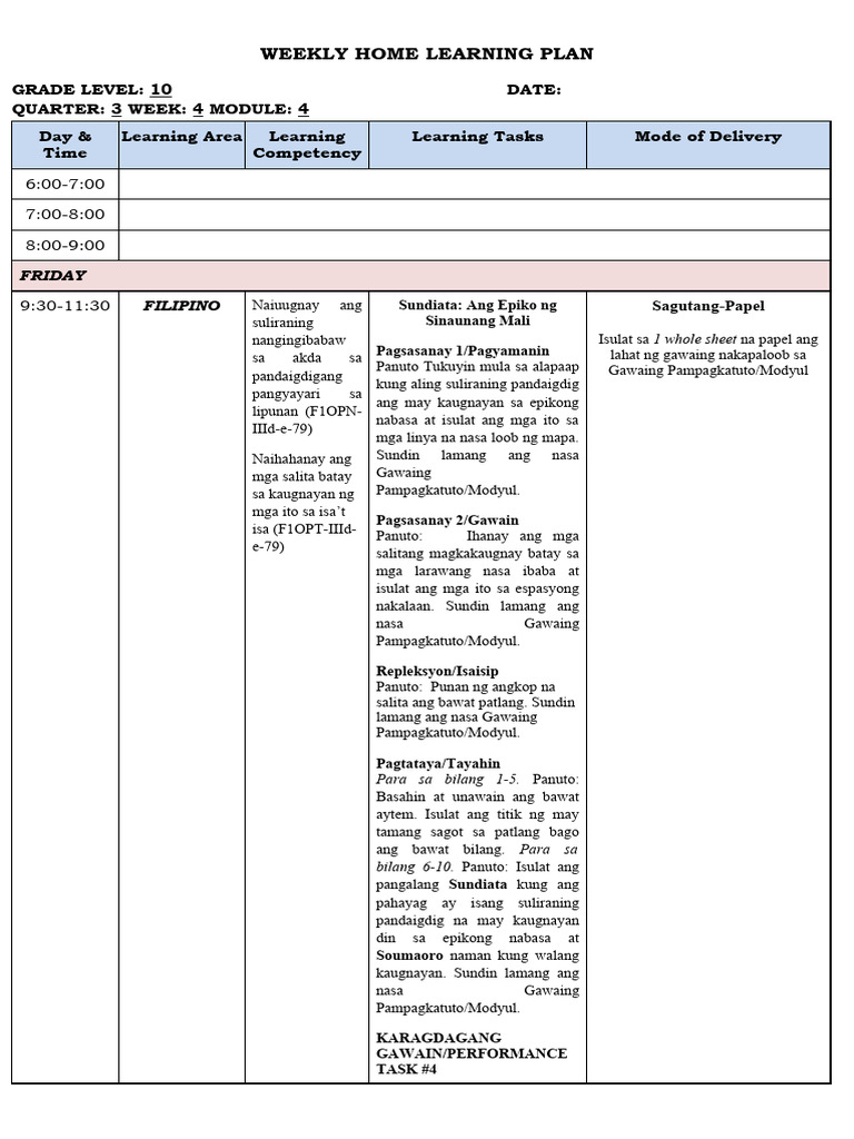 FIL 10 - Kwarter 3, Modyul 4 (WHLP) | PDF