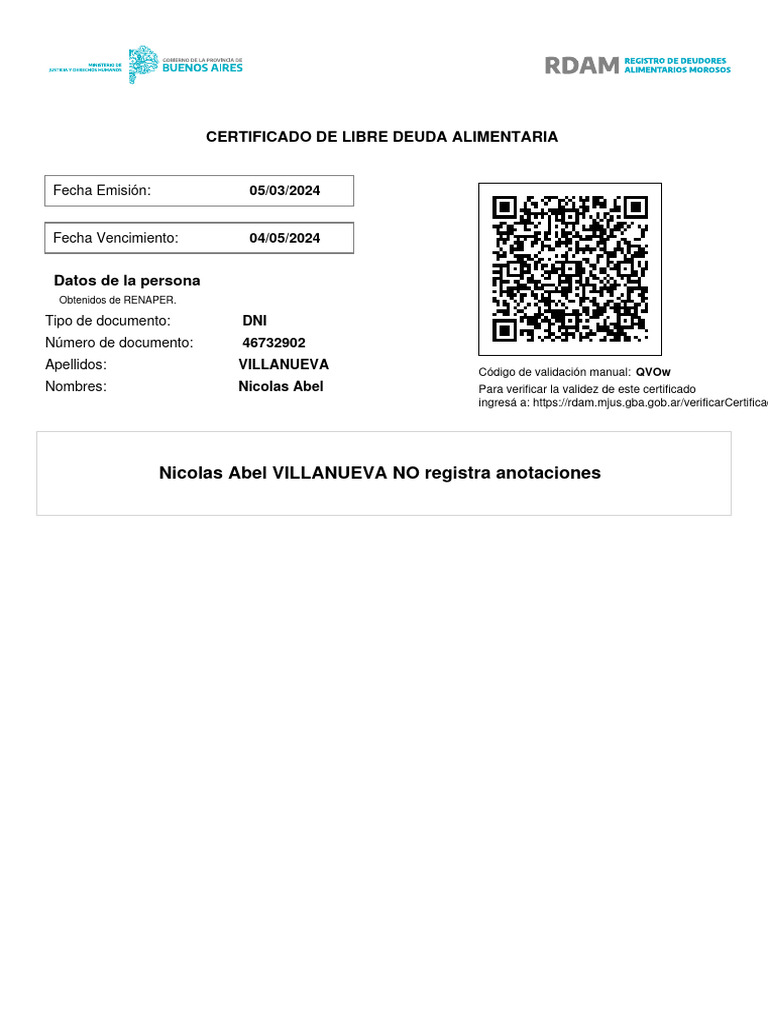 Certificado Libre Deuda RDAM | PDF