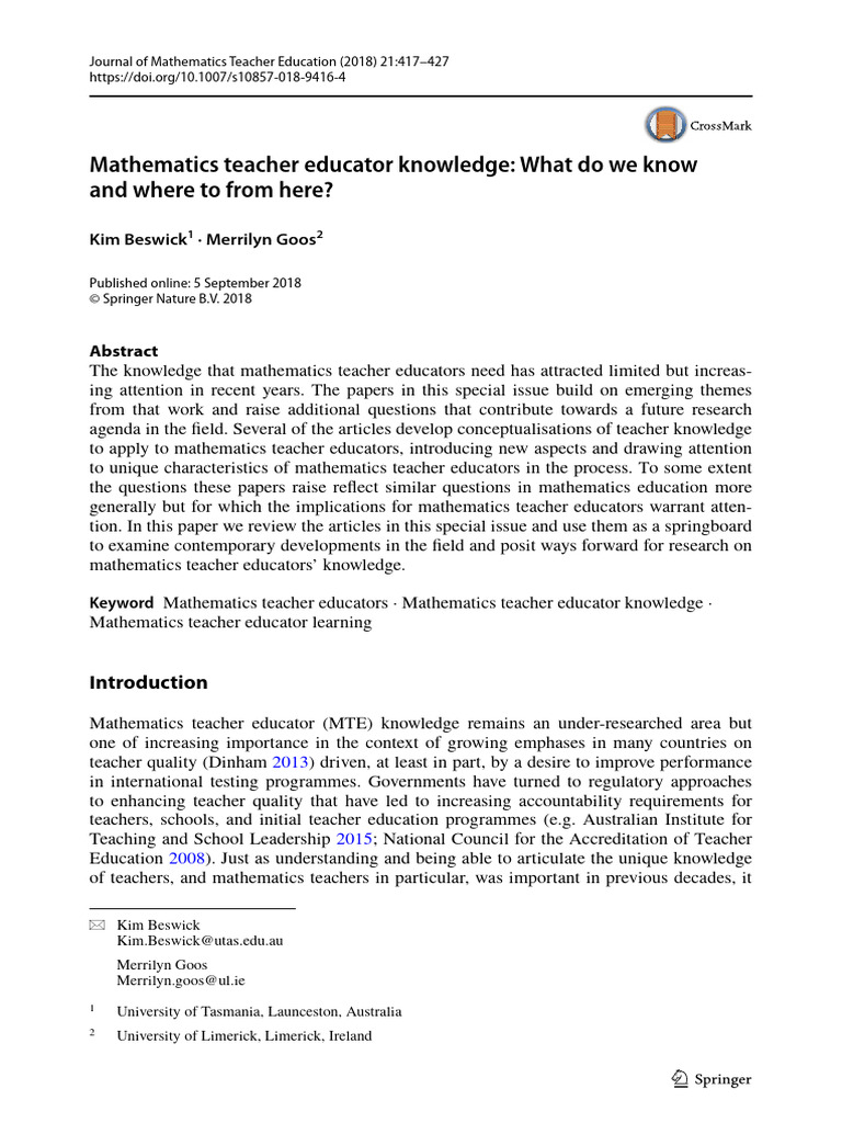 Mathematics Teacher Educator Knowledge: What Do We Know and Where To ...