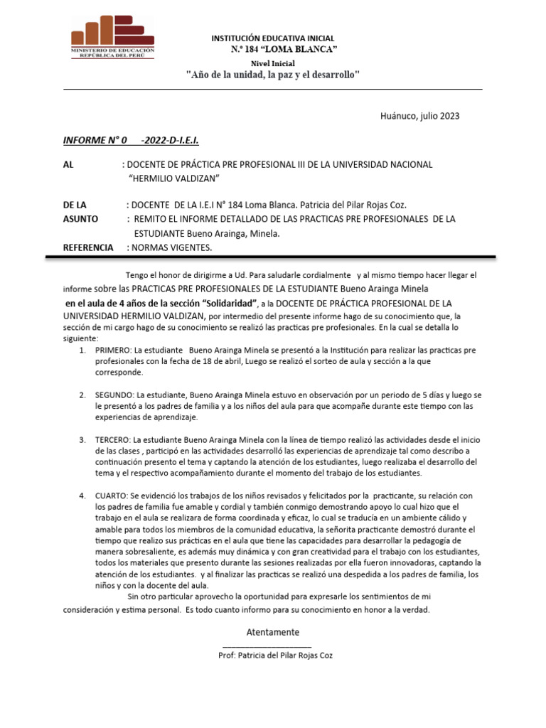 INFORME DE LAS PRACT x DOCENTE | PDF | Salón de clases | Educación de la primera infancia