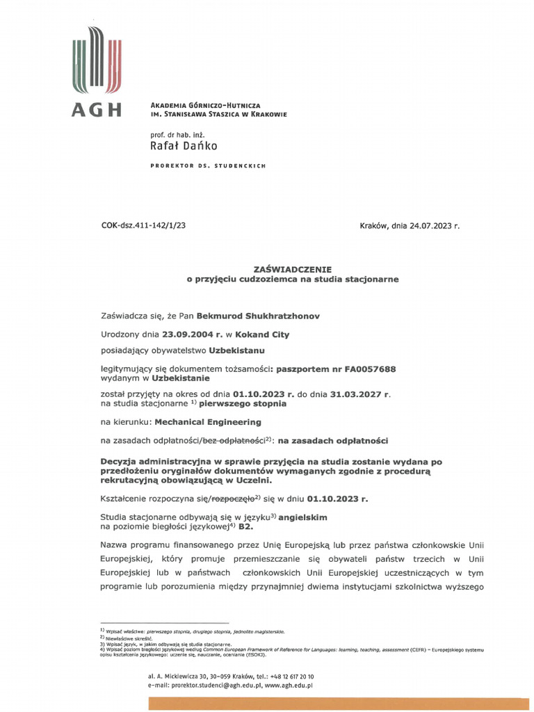 Shukhratzhonov - Dokument Do Wizy | PDF