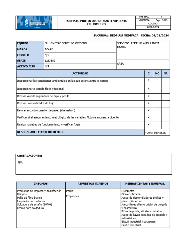 Protocolo de Mantenimiento Flujómetro | PDF