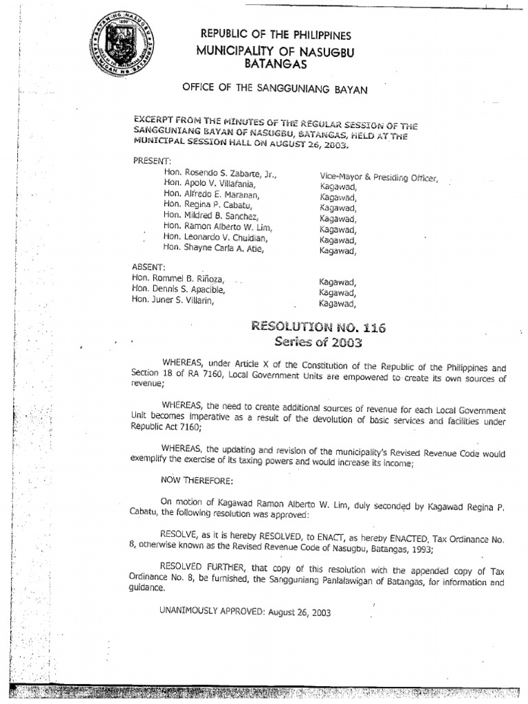 Nasugbu Batangas Revenue Code of 2003 | PDF