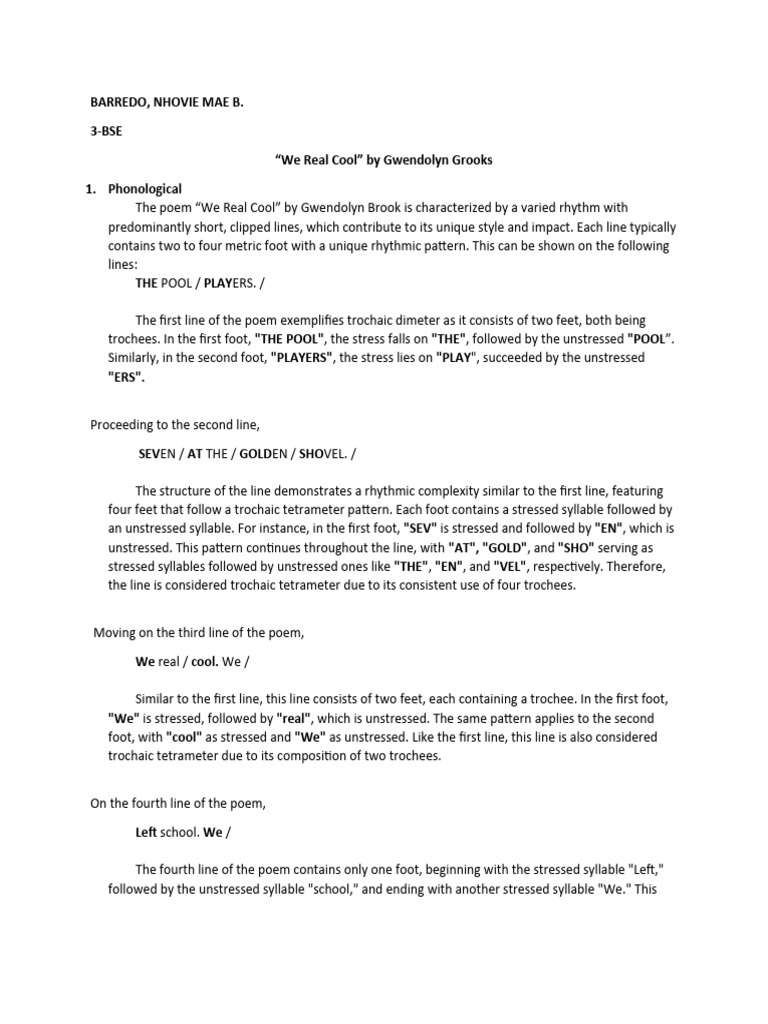 We Real Cool by Gwendolyn Brooks | PDF | Metre (Poetry) | Poetry