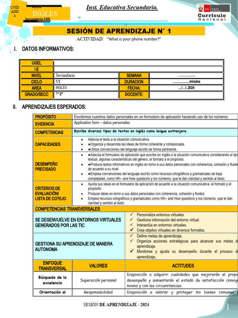 1° 2°-Ses Act 01-Inlgles-U2 | PDF | Aprendizaje | Evaluación