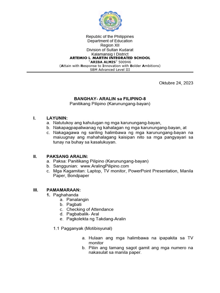 Co1 Filipino 8 2023-2024 | PDF