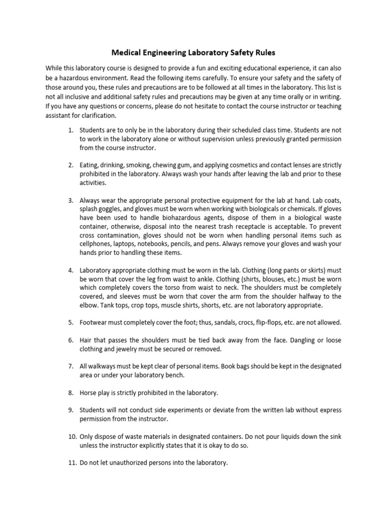 MedE Laboratory Safety Rules | PDF | Laboratories | Clothing