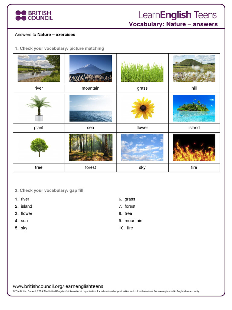 Nature Vocabulary Exercises Answers | PDF
