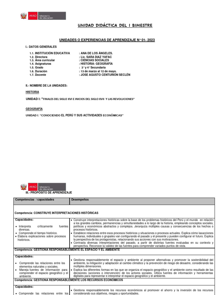 UNIDAD DIDACTICA I BIMESTRE 3 y 4 AÑO DE SECUNDARIA- C. SOCIALES 2023 | PDF | Geografía | Evaluación