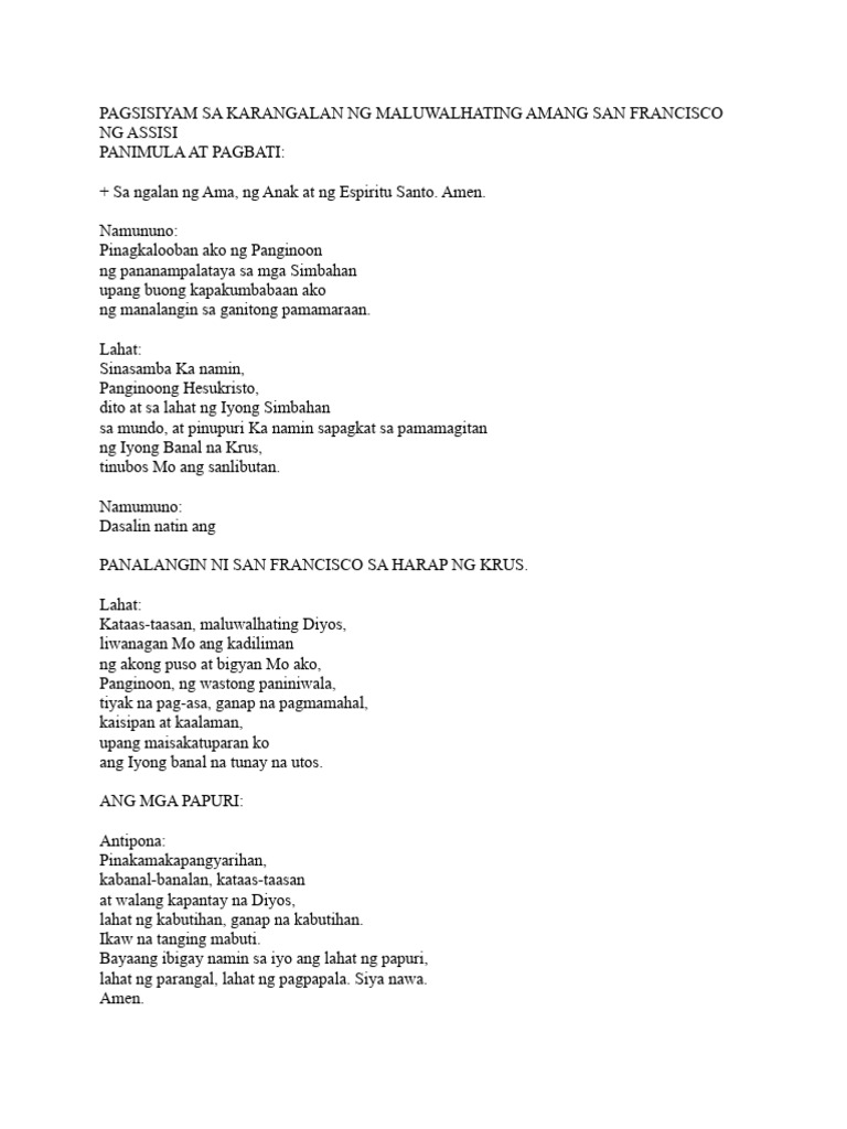 Pagsisiyam Sa Karangalan NG Maluwalhating Amang San Francisco NG Assisi ...