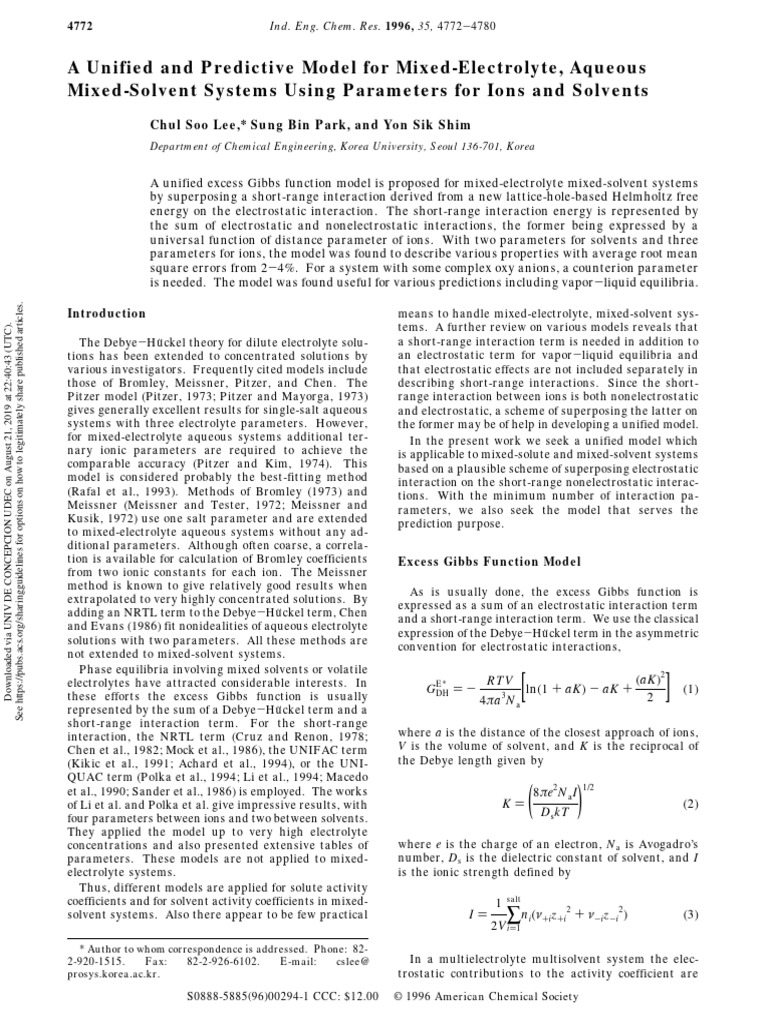 A Unified and Predictive Model For Mixed Electrolyte and Mixed Solvent ...