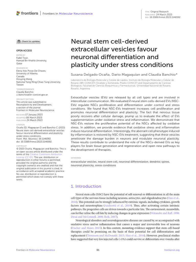 Neural stem cell-derived extracellular vesicles favour neuronal differentiation and plasticity ...