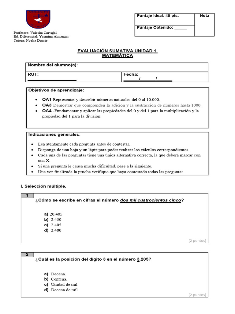 Evaluación Unidad 1 Matem+atica | PDF | Aritmética | Comunicación escrita
