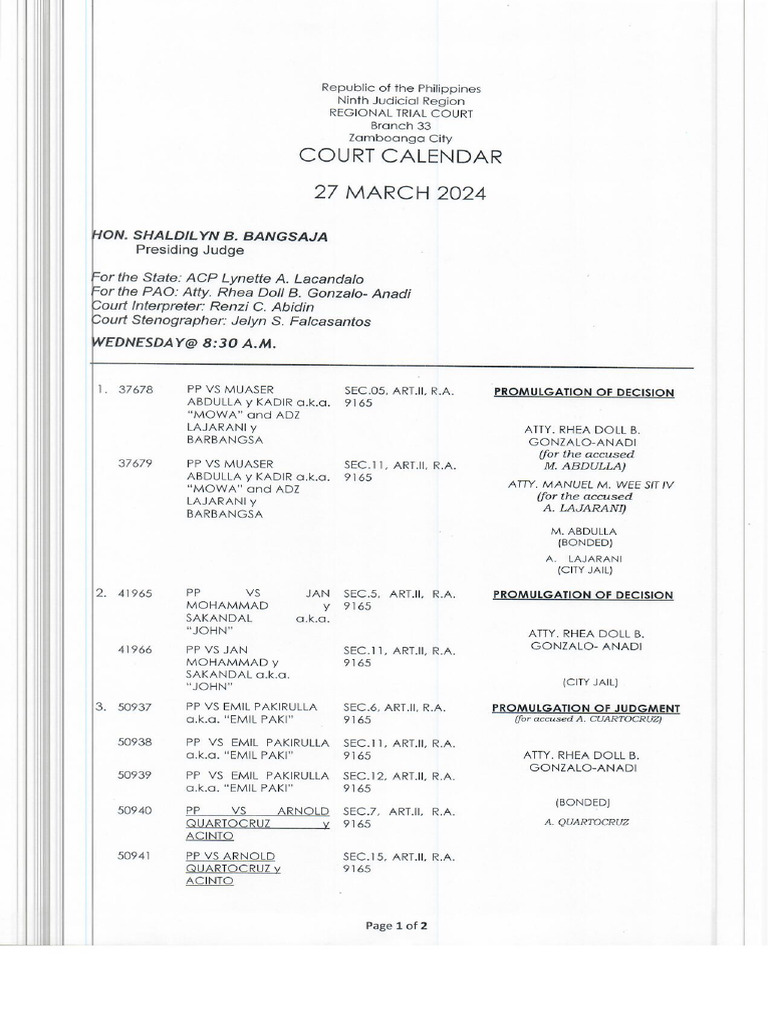 Sample Court Calendar | PDF