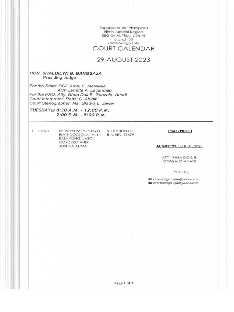 Sample Court Calendar | PDF