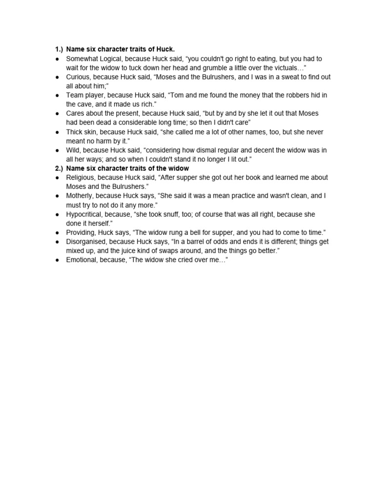 Huck and Widow Character Traits Analysis | PDF | General Fiction