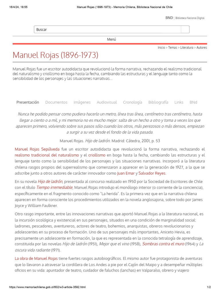 Biografia Manuel Rojas | PDF