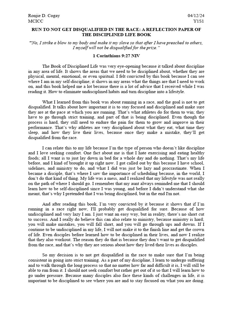 Reflection Paper of Disciplined Life Book | PDF | Disciplines ...