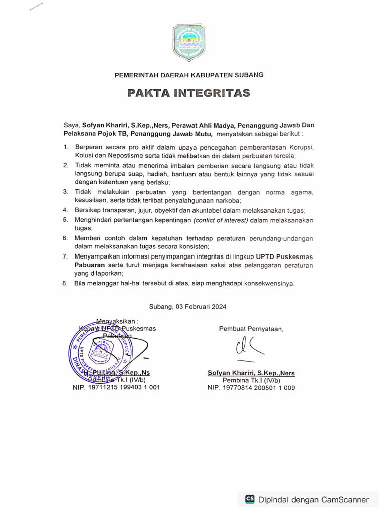 6 PAKTA INTEGRITAS PKM PAB 2024 Sofyan Khariri | PDF