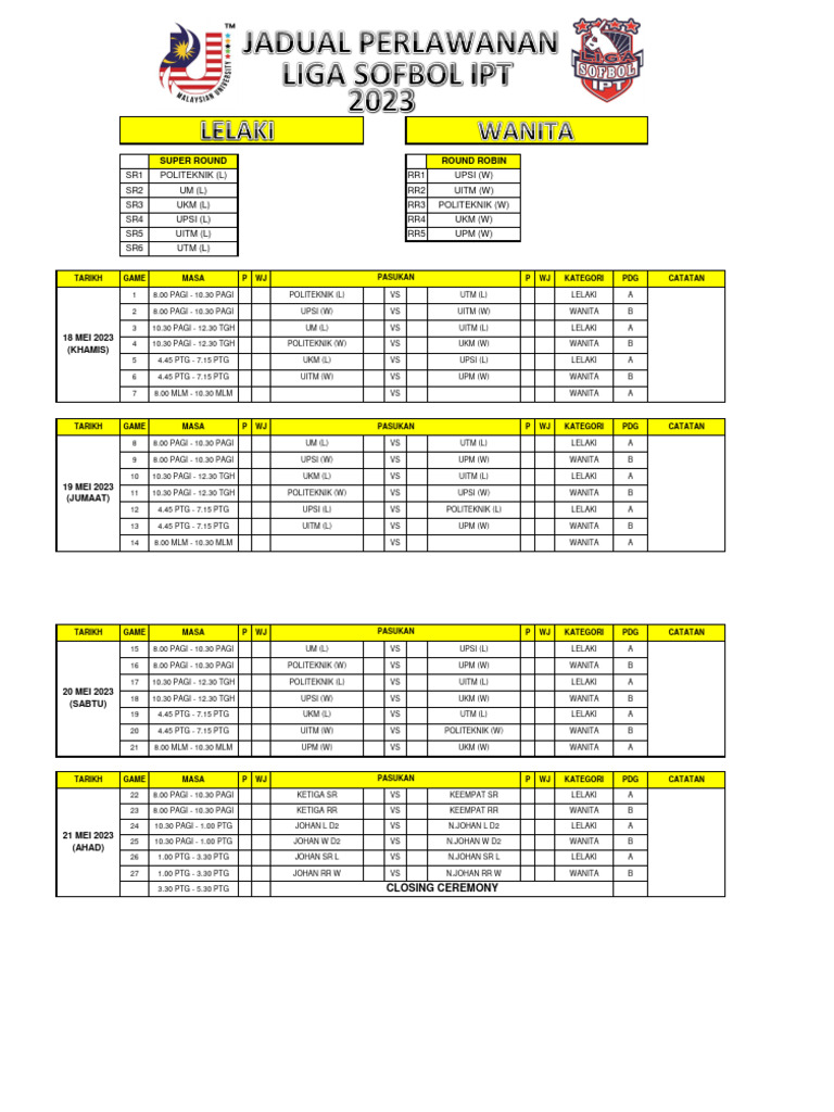 Jadwal Liga Sofbol IPT 2023 | PDF
