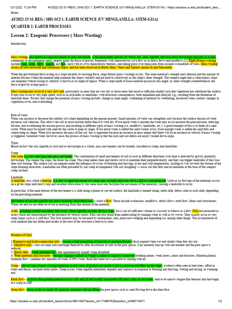 Earth Science MASS WASTING | PDF | Landslide | Soil