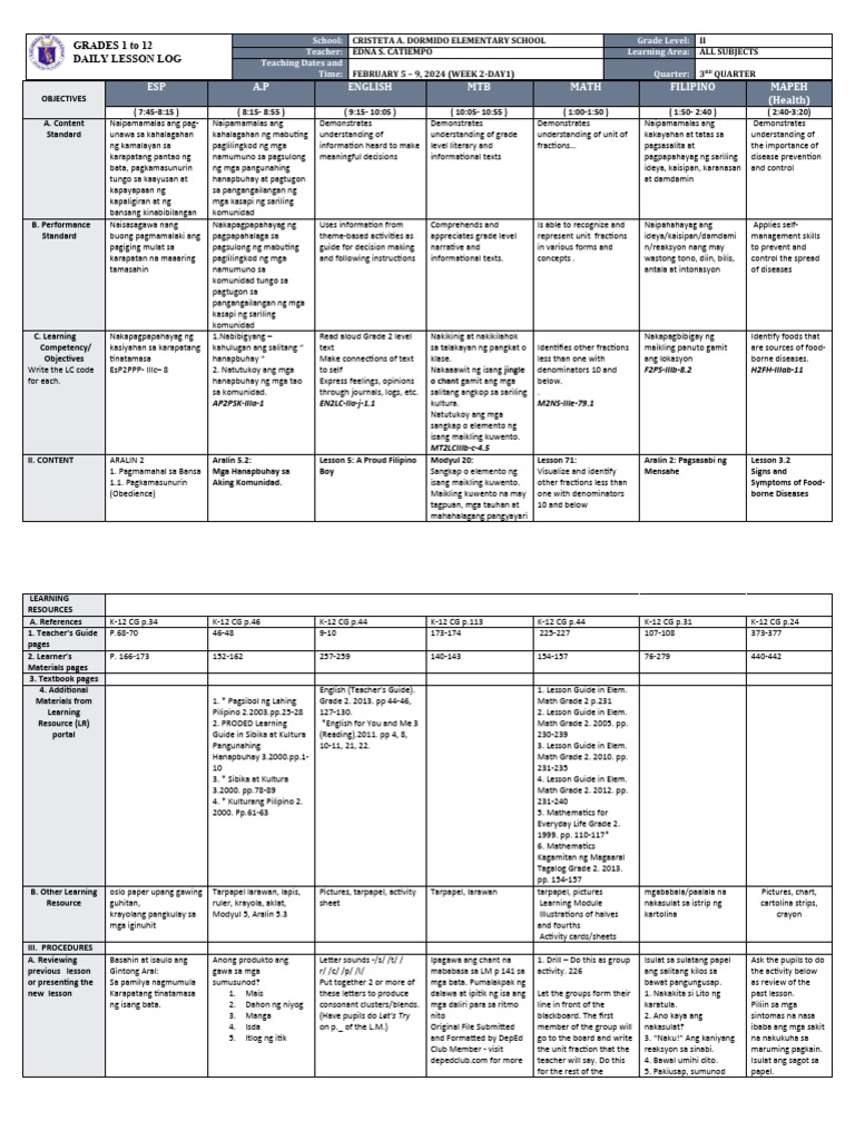 DLL - All Subjects 2 - Q3 - W2 - D1 | PDF