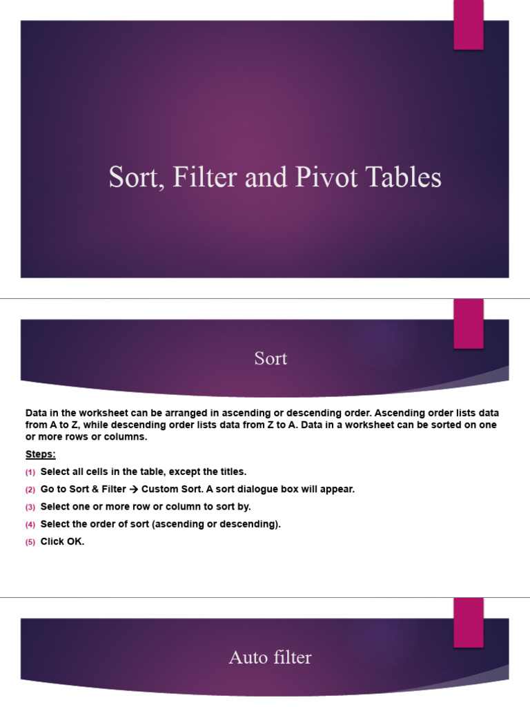 Sorting, Filtering, and Pivot Tables Guide | PDF | Spreadsheet ...