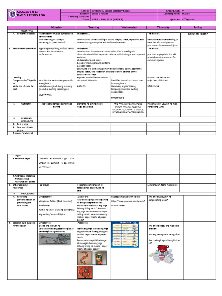 Grade 5 DLL MAPEH 5 Q4 Week 3 | PDF