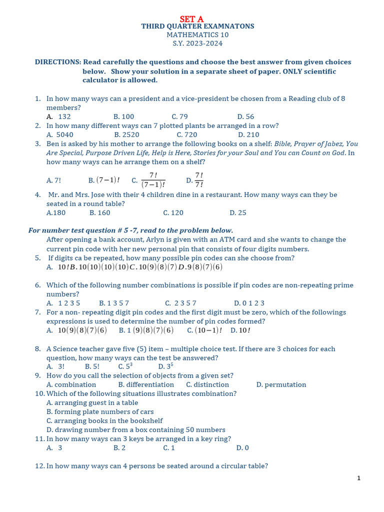 Math 10 3Q Exam A | PDF | Personal Identification Number | Mathematical Concepts