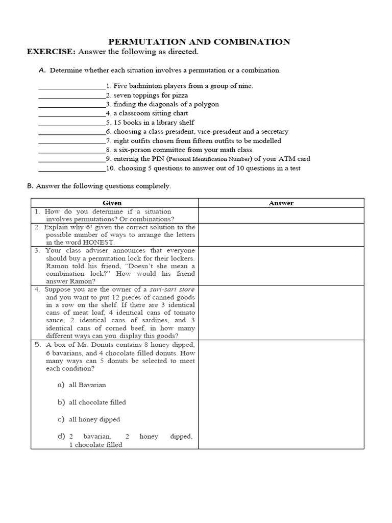 Permutations vs Combinations Exercise | PDF | Cooking, Food & Wine ...